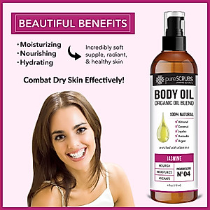 pureSCRUBS Ultra Moisturizing Jasmine Body Oil Spray for Dry Skin, Massage, Cuticles & More - Organic Super Blend of Jojoba, Argan, Coconut, Sweet Almond & Avocado Enriched with Vitamin E, Lg 4oz
