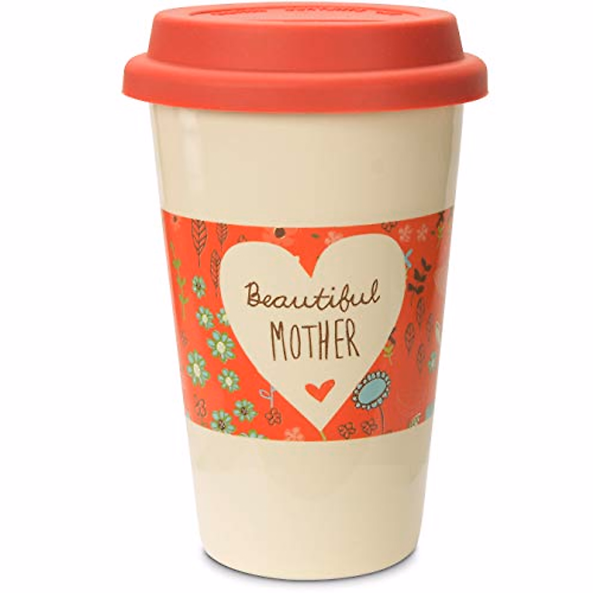 Pavilion Gift Company "A Mother's Love-Beautiful Mother" Floral Stoneware Travel Mug, Pink, 12 oz