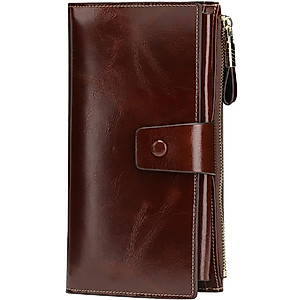 Itslife Womens Wallet RFID Blocking Large Capacity Luxury Wax Genuine Leather Wallets Clutch Wallet Ladies Card holder, Coffee