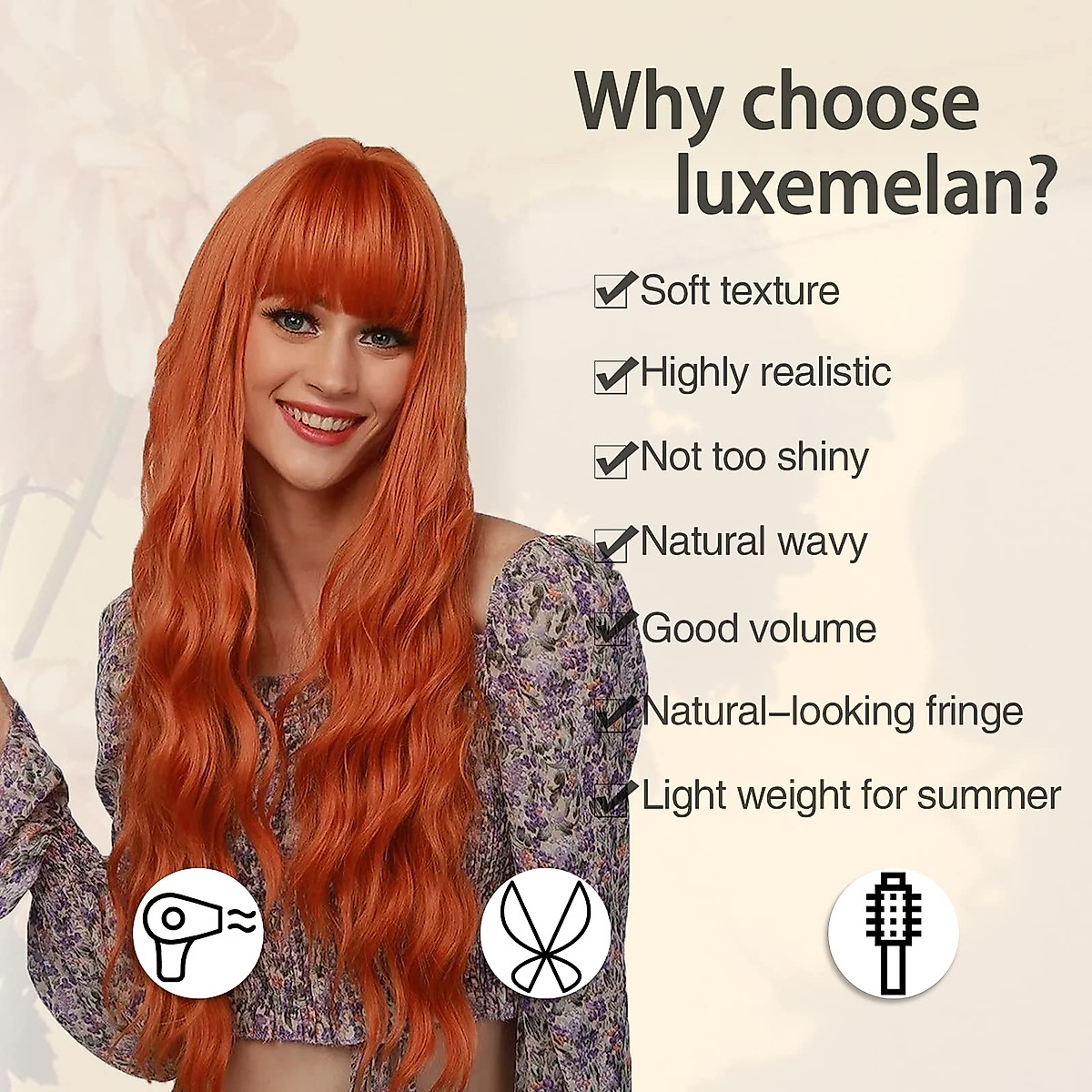 LuxeMelan Ginger Long Wavy Wig with Bangs Ginger Orange Wig 22 Inch Curly Glueless wig Full Machine Wig with Bangs Cosplay Party Bang Wig for Women