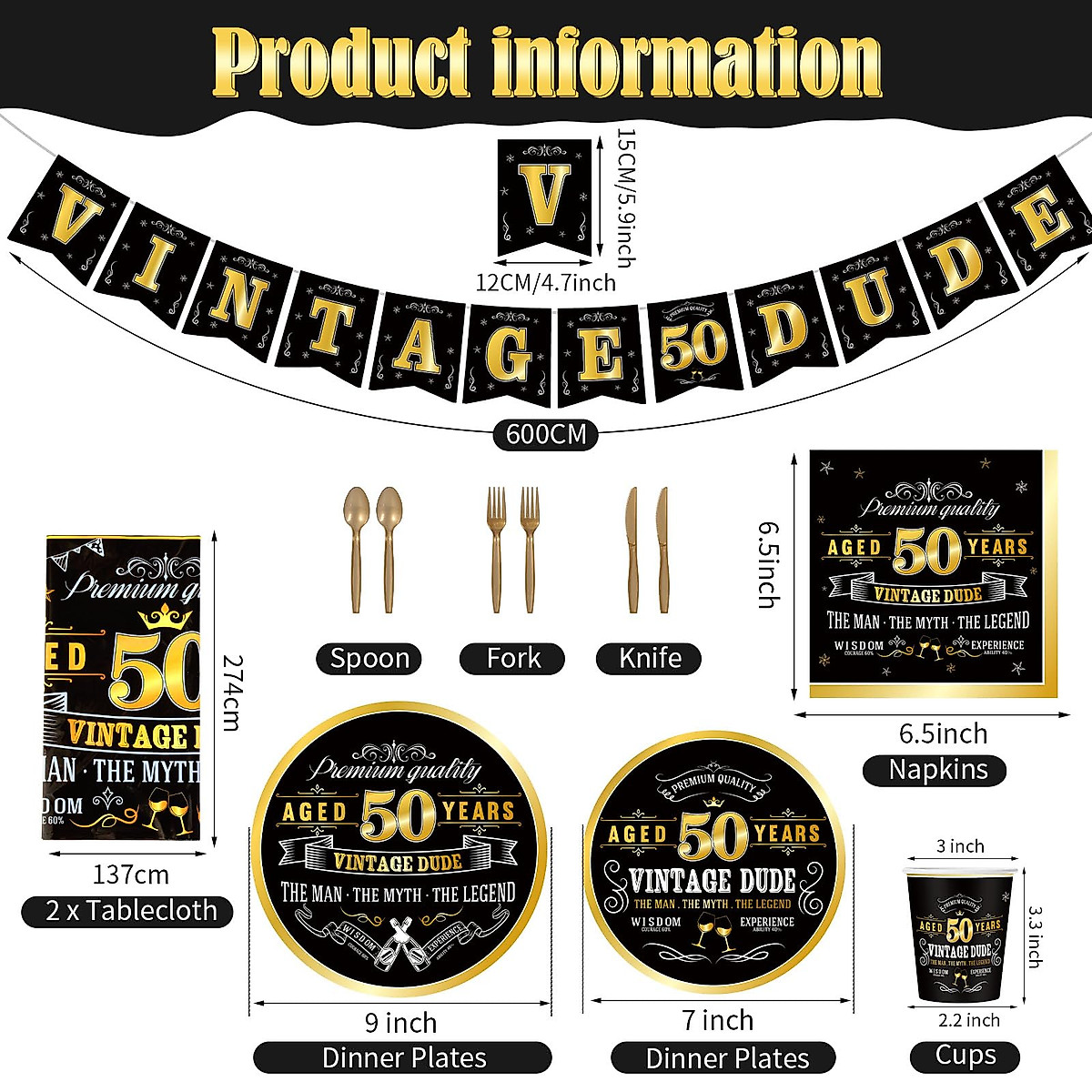 183 Pcs Vintage 50th Party Tableware Set, Black Gold Vintage Happy 50 Birthday Tablecloth 24 Guests Dinner Plates Dessert Plate Cup and Napkins for Men Cheers 50th Theme Birthday Party Supplies