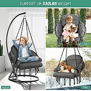 PUREKEA Hammock Chair, Macrame Hanging Swing Chair with Large Padded Cushion and Hardware Kits, Max 330 Lbs, Hanging Cotton Rope Chair for Indoor, Outdoor, Bedroom, Patio, Porch, Garden (Grey)