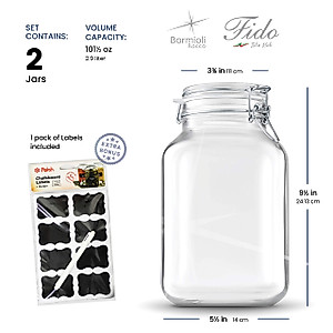 Bormioli Rocco Glass Fido Jars - 101½ Ounce (3 Liter) with hermetically Sealed hinged Airtight lid for Fermenting, Preserving, Bulk - dry Food Storage, With Paksh Novelty Chalkboard Label Set (2 Pack)