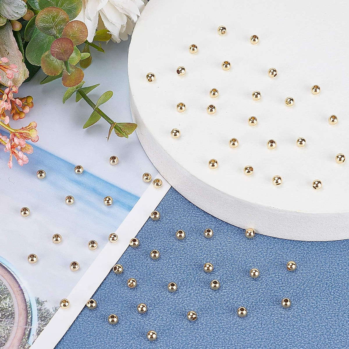 PH PandaHall 300pcs 4mm 14K Gold Plated Brass Beads Long-Lasting Round Smooth Spacer Beads Seamless Loose Ball Beads Gold Metal Beads for Summer Hawaii Stackable Necklace, Bracelet, Earring Making