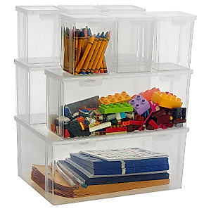 EZOWare 9 Pieces Clear Plastic Flip Top Latching Storage Box Container, Stackable Hinged Organization Bins With Latch Lid For Craft Room, Small Hobby - 3 Sizes