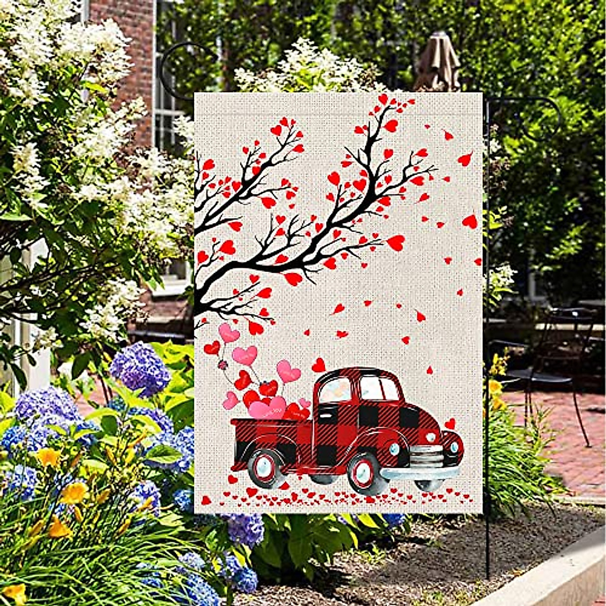Mocossmy Valentine's Day Garden Flag,2 PCS Double Sided Heart Rose Love Tree Red Truck Decorative Burlap House Flag Yard Banner for Valentine's Day Wedding Anniversary Spring Outdoor Decoration