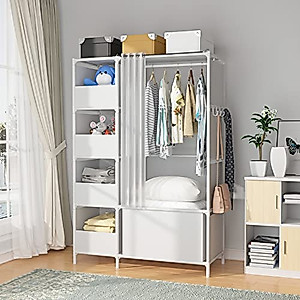 MOYIPIN Portable Wardrobe Storage Closet, Clothes Storage Cabinet with Curtain,40.55 x 16.73 x 65.35Inches, for Living Room, Bedroom, Clothes Room, White