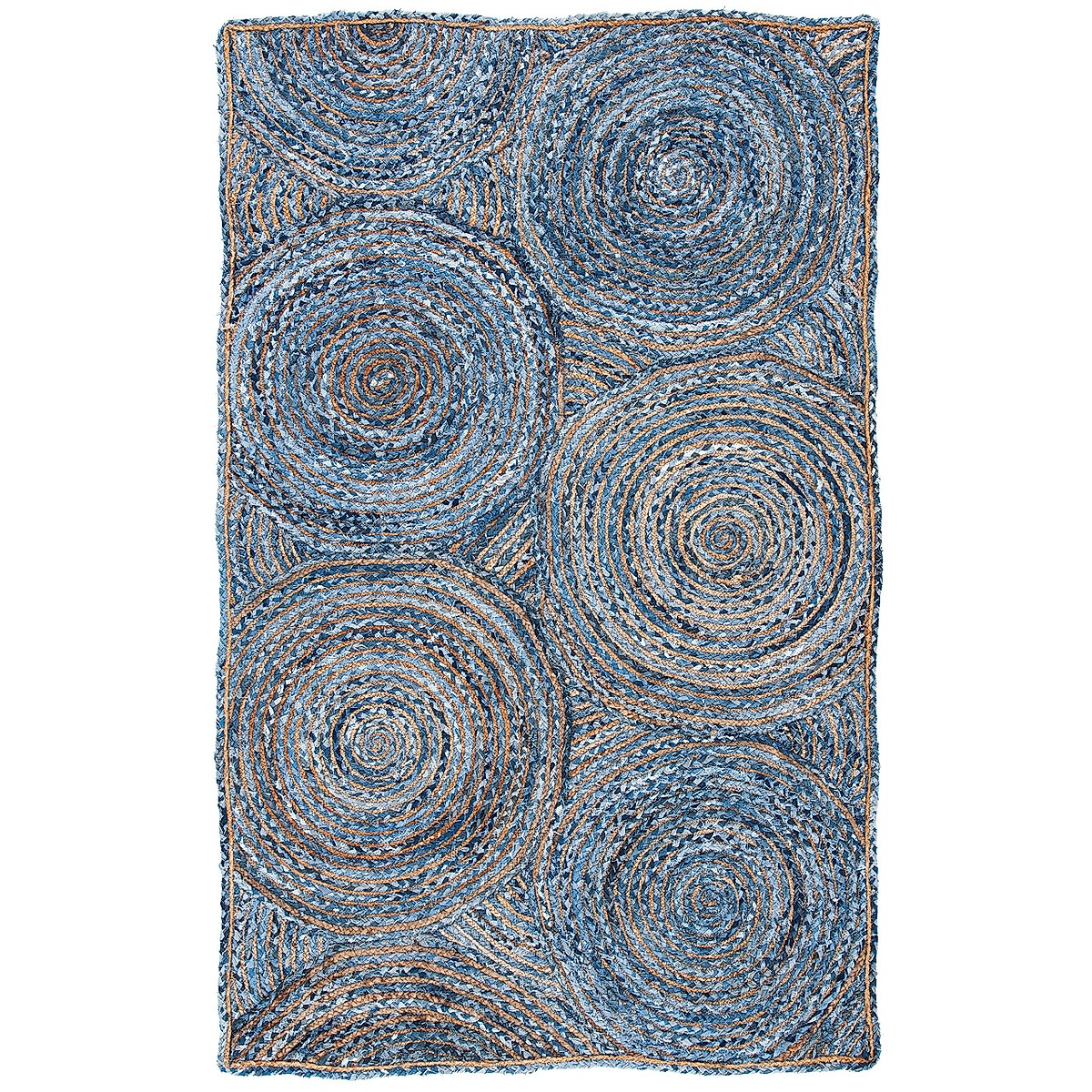 SAFAVIEH Cape Cod Collection 4' x 6' Blue/Natural CAP203M Handmade Boho Braided Circles Jute & Cotton Entryway Living Room Foyer Bedroom Accent Rug