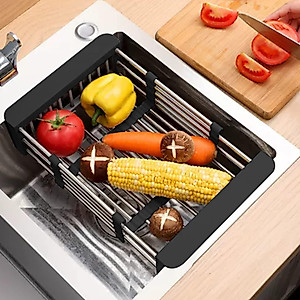 Over The Sink Dish Drying Rack, Retractable Stainless Steel Sink Strainer Telescopic Drain Basket Kitchen Rack Drain Basket Sink Organizer for Vegetable and Fruit(L-Black)