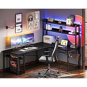 ODK L Shaped Gaming Desk with Hutch, Computer Desk with Storage Shelves, 66" L Shaped Desk for Home Office, Corner Desk with Headphone Hook, Black