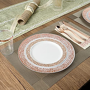 FOCUSLINE 102 pcs Rose Gold Plastic Party Plates Lace Design Disposable Plates Set, 51 Heavy Duty 10.25 Inch Dinner Plates and 51 7.5 Inch Dessert Plates