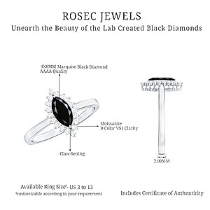 Lab Grown Black Diamond Halo Engagement Ring with Moissanite | 4X8 MM Marquise Shape Black Diamond (Certified, AAAA Quality), 14K White Gold, Size:US 8.00