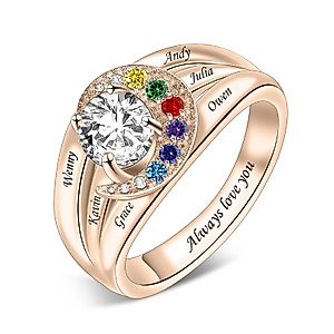 YITUB Personalized Mother Rings with 1-8 Simulated Birthstones Custom Name Ring for Women Engraved Family Ring Moon Ring For Mothers Day Mom Daughter Grandma Sisters (6 Stones)