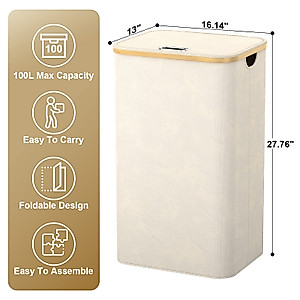 Homykic Laundry Hamper with Lid, 100L Tall Laundry Basket Collapsible with Bamboo Handles, Large Waterproof Laundry Bin Storage for Dorm, Bathroom, Bedroom, Clothing, Clothes, Toys, Cream White