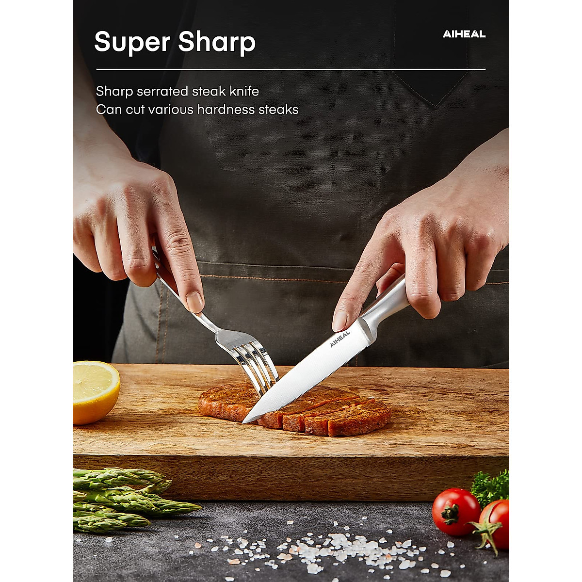 Aiheal Steak Knives, Stainless Steel Steak Knives Set of 12, Never Needs Sharpening Dinner Steak Knife Set, 4.5 Inch Sharp Micro Serrated Steak Knives