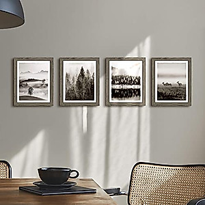 Nature Landscape Framed Wall Art: Home Office Bedroom Living Room Bathroom Modern Foggy Mountain Painting Country Black Misty Forest Picture Pine Tree Woodland Lake Scene Print Wildlife Animal Deer Artwork