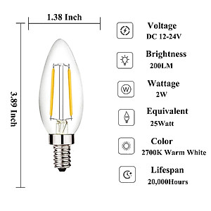 Beonllay 12 Volt LED Candelabra Bulbs E12 Base Light Bulb 25 Watt Warm White 2700K, 12-24 Volt Low Voltage Candelabra Bulbs LED 2W for 12 Volt System, 6 Pack