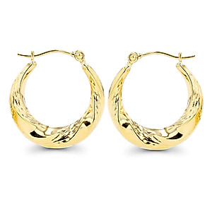 14K Yellow Gold Diamond Cut & Polished Twisted Hoop Earrings For Women | 4x20mm Hoops | Earrings For Sensitive Ears | Solid Gold Earrings For Women