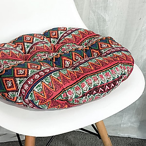 XSlive 2 Pack Boho Round Cotton Linen Chair Cushion Pads Soft Comfy Seat Cushions for Dining Chairs, Office Chairs, Hardwood Floors (Red Boho,Diameter 18")