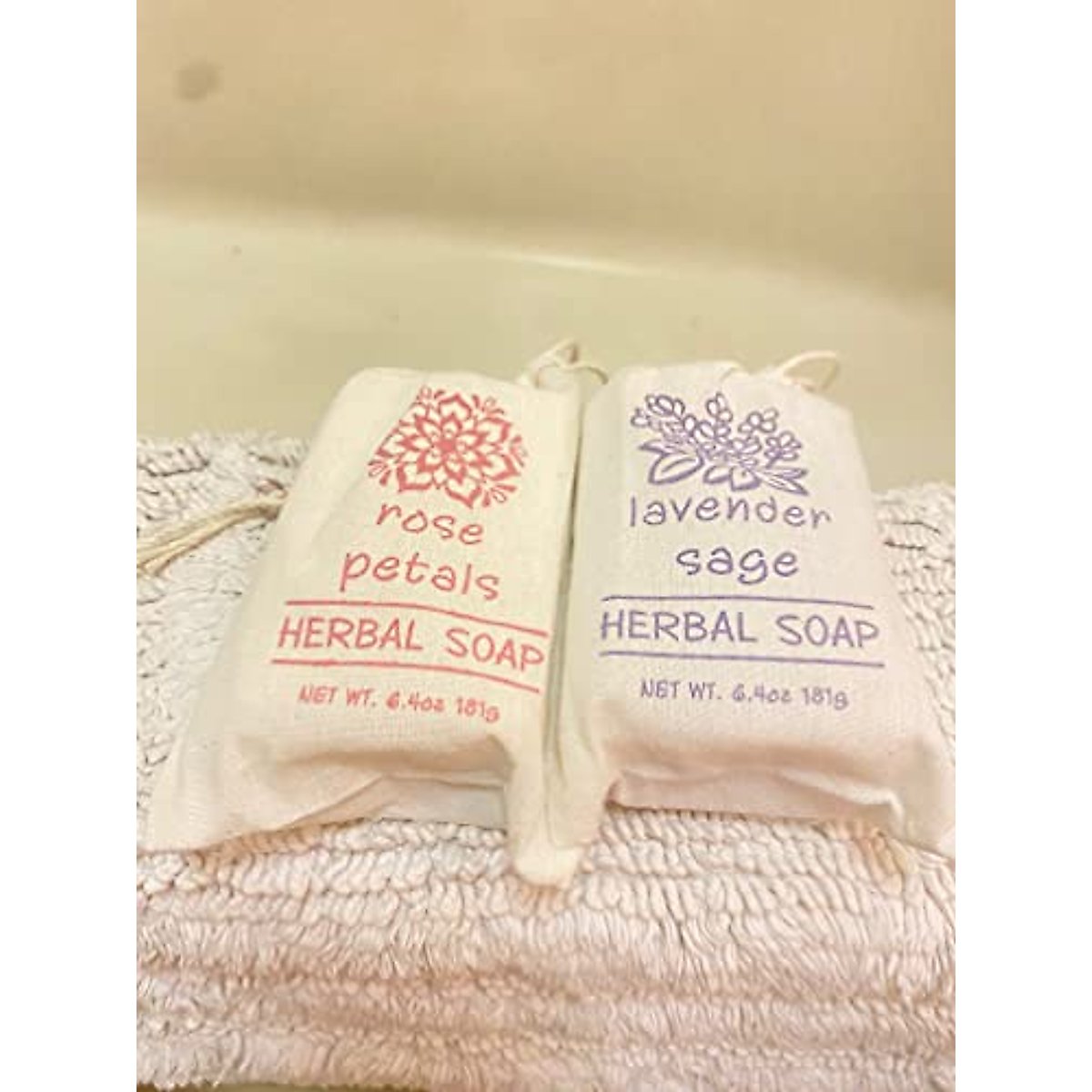 Greenwich Bay Trading Set of 2 Herbal Soaps - Each Individually Wrapped in a Drawstring Cloth Sack - Enriched with Shea Butter & Virgin Olive Oil and Infused with Fresh Botanical Scents - 6.4 Oz Each (Lavender Sage & Rose Petal)