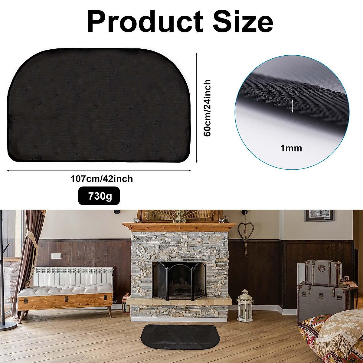 NQEUEPN Fireplace Mat, 42x24 Inch Hearth Pad Half Round Fire Flame Resistant Floor Covering Protection Heat Proof Grill Mat for Wood Stove Indoor Outdoor (Black)