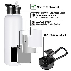 VQRRCKI 40 oz Insulated Water Bottle with Straw, Stainless Steel Sports Water Bottles with 2 Lids (Straw and Wide Mouth lid), Double Wall Vacuum, Leakproof, BPA-Free, White