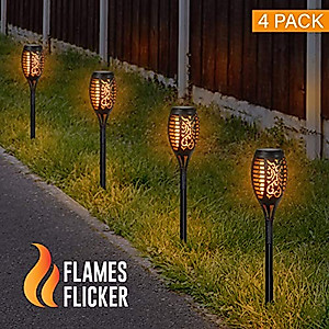 Exhart Garden Solar Lights, Set of 4 Flickering Flame Garden Stake Torches, LED Fire, Outdoor Garden and Yard Decoration, 3 x 20 Inch