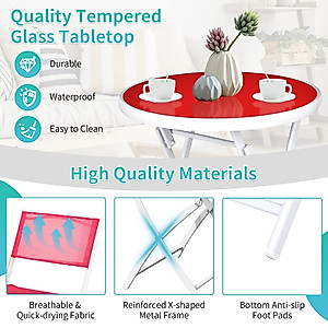 HAPPYGRILL 3 Pieces Patio Folding Bistro Set, Outdoor Foldable Chair & Table Set with Breathable Fabric, Tempered Glass Tabletop, Small Conversation Furniture Set for Porch Balcony Poolside Yard