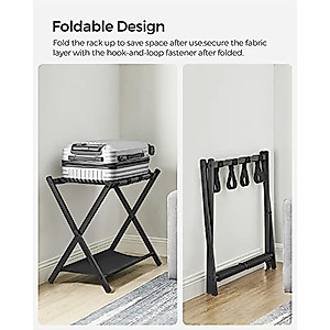 SONGMICS Luggage Rack for Guest Room, Suitcase Stand with Storage Shelf, Steel Frame, Foldable for Easy Storage, Hotel, Bedroom, Black URLR003B01