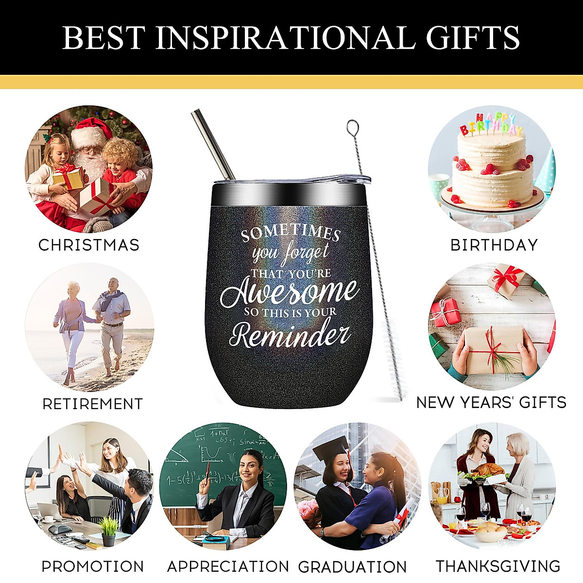CARAKNOTS Inspirational Gifts for Women Birthday Gifts for Friends Daughter Teacher Sometimes You Forget You're Awesome Black Wine Tumbler Thank You Gifts for Christmas Graduation Thanksgiving Day