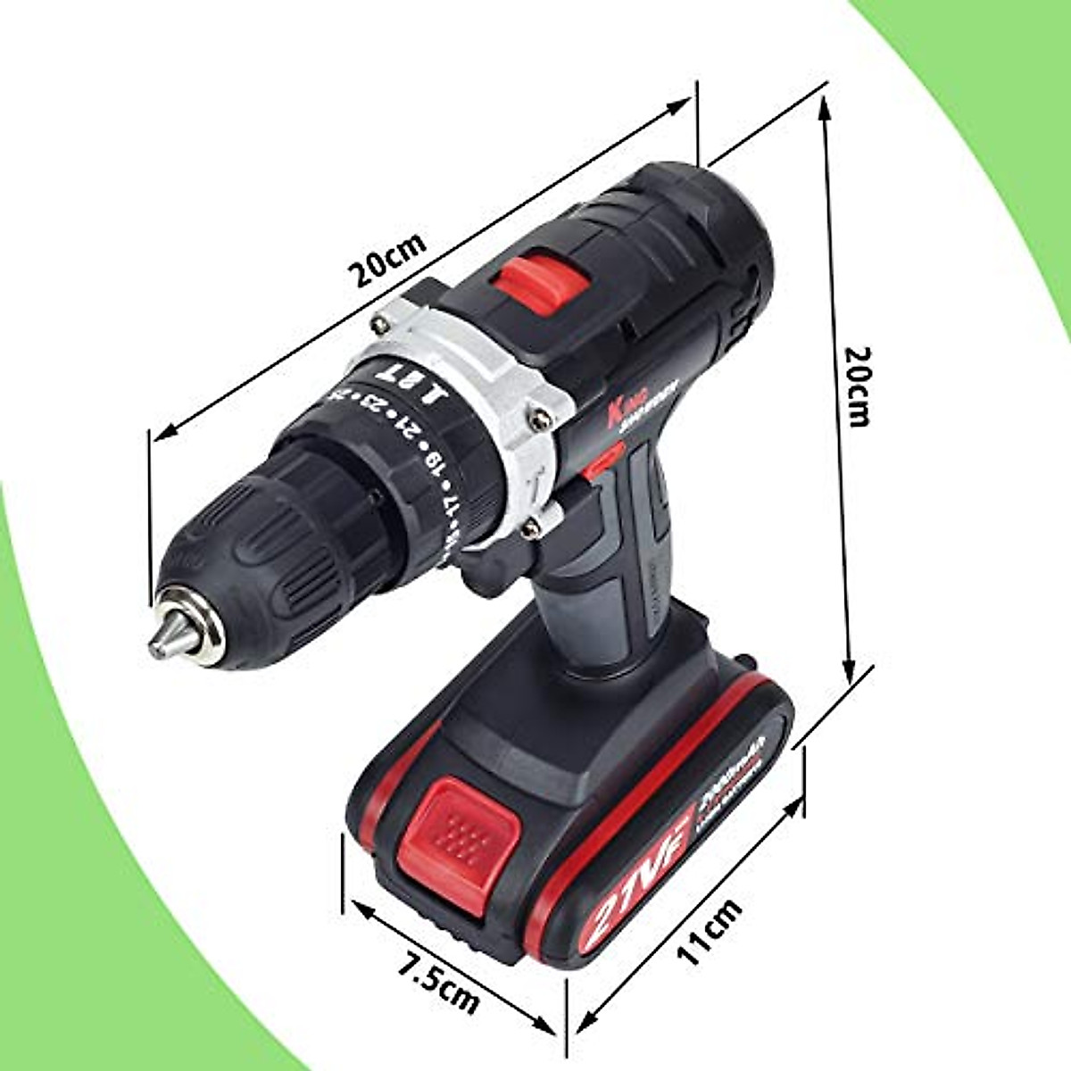 Cordless Drill Driver Kit with 2 battery, King Showden 21V Power Drill 50Nm 25+3 Clutch, 3/8" Keyless Chuck, Variable Speed & Built-in LED Electric Screw Driver for Drilling Wall, Bricks, Wood, Metal
