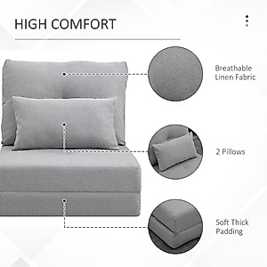 HOMCOM Convertible Flip Chair, Floor Lazy Sofa, Folding Upholstered Couch Bed with Adjustable Backrest, Metal Frame and Pillows for Living Room Bedroom, Light Grey