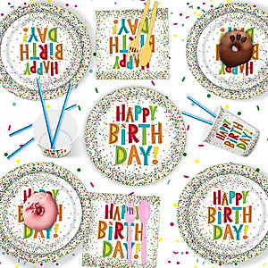TeeFity 170 Pcs Confetti Birthday Party Tableware Set, Party Table Colorful Supplies Include Disposable Paper Plates, Napkins, Cups, Straws, Tablecloth, Banner and Forks Spoons for 24 Guests