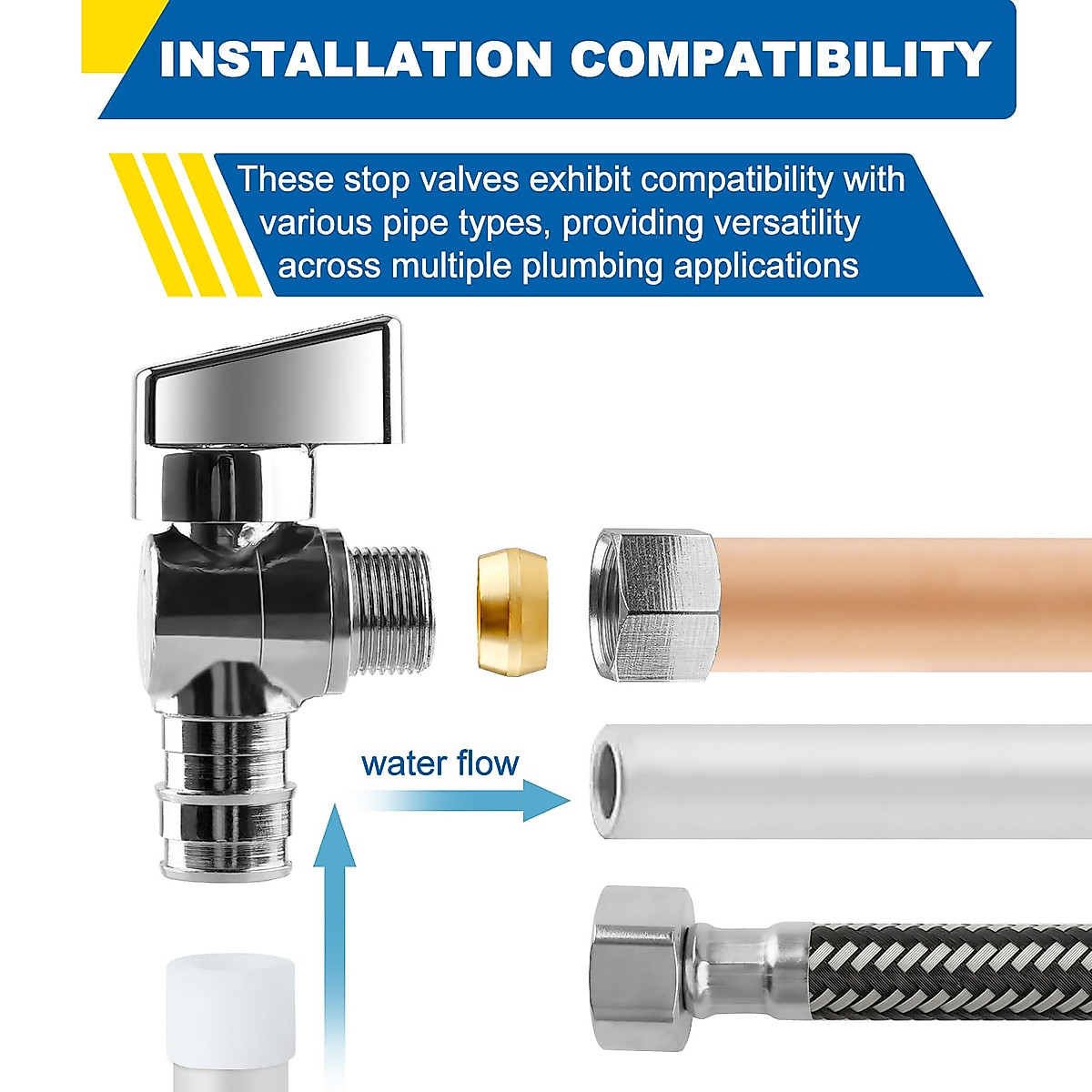 1/4 Turn Angle Stop Valve, 1/2" Expansion Pex F1960 X 3/8" OD Compression For Toilets And Faucets (Pack of 10)
