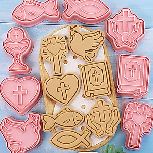 Kumprohu Christian Cookie Cutters,First Communion Christening Biscuit Molds - Chalice, Jesus Fish, Holy Cross, , Fancy Cross Biscuit Cutters for First Communion