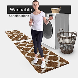 wunderlin Soft Trellis Kitchen Runner Rugs Collection Non-Slip Kitchen Washable Rugs for Kitchen Floor Set Carpet Kitchen Rugs Sets of Two (Brown)