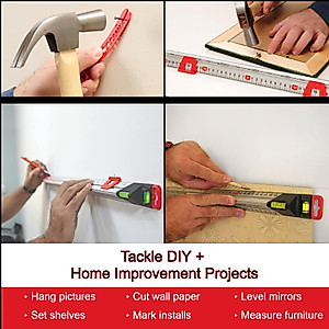 Kapro - 313 Measure Mate and 245 Mini Level Bundle - Home-Improvement Tool - With 12” Ruler and Level - Features Sliding Markers, Knife Guide & Angle Finder - Includes Nail Gripper & Drill Bit Gauge