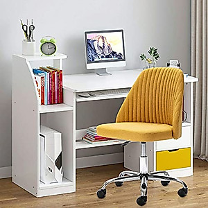 HOMEFLA Home Office Chair, Modern Linen Fabric Chair Adjustable Swivel Task Chair Mid-Back Cute Upholstered Armless Computer Desk Chair with Wheels for Bedroom Studying Room Vanity Room (Yellow)
