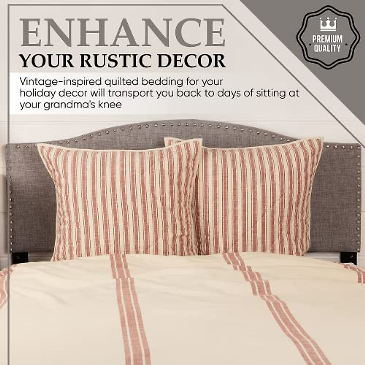 Market Place Red Luxury King Quilt, 100% Cotton Quilted Bedspread with Red Ticking, Hand Quilted Grain Sack Bed Spread Bedding for Boho, Shabby Chic and Rustic Farmhouse Decor (105”x120”)