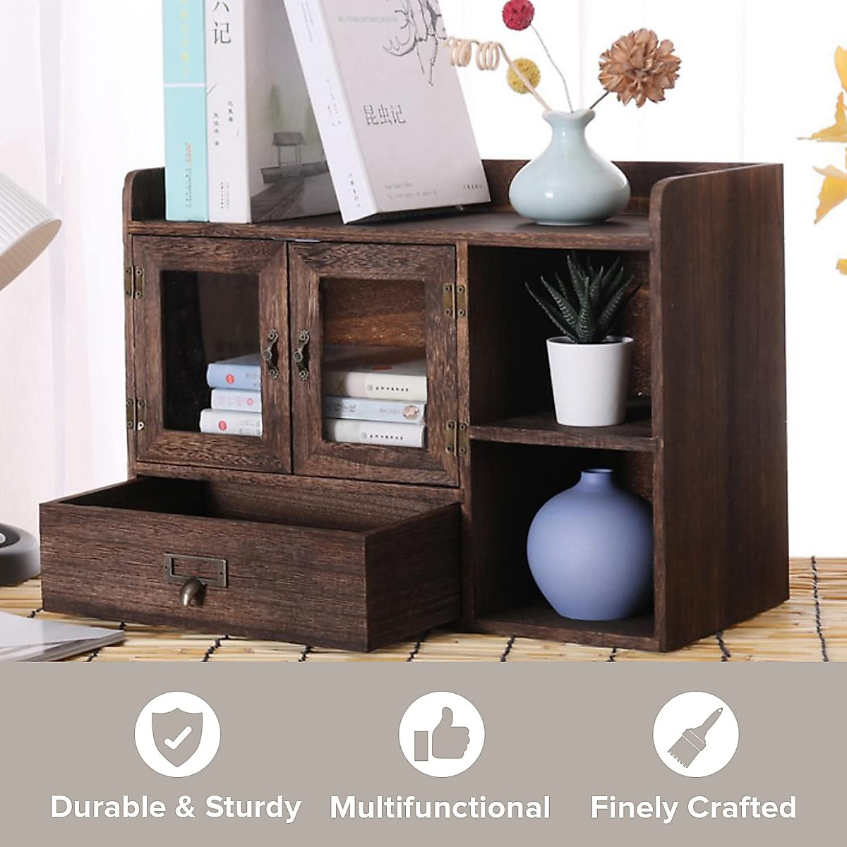 Wooden Box Kitchen Drawer Organizer for Coffee Station or Kitchen Counter - Console Table Caddy w Glass Door Cabinet & Drawer - Wood Countertop Organization and Storage for Tea & Coffee Accessories - Coffee Pod Holder - Utensil Holder