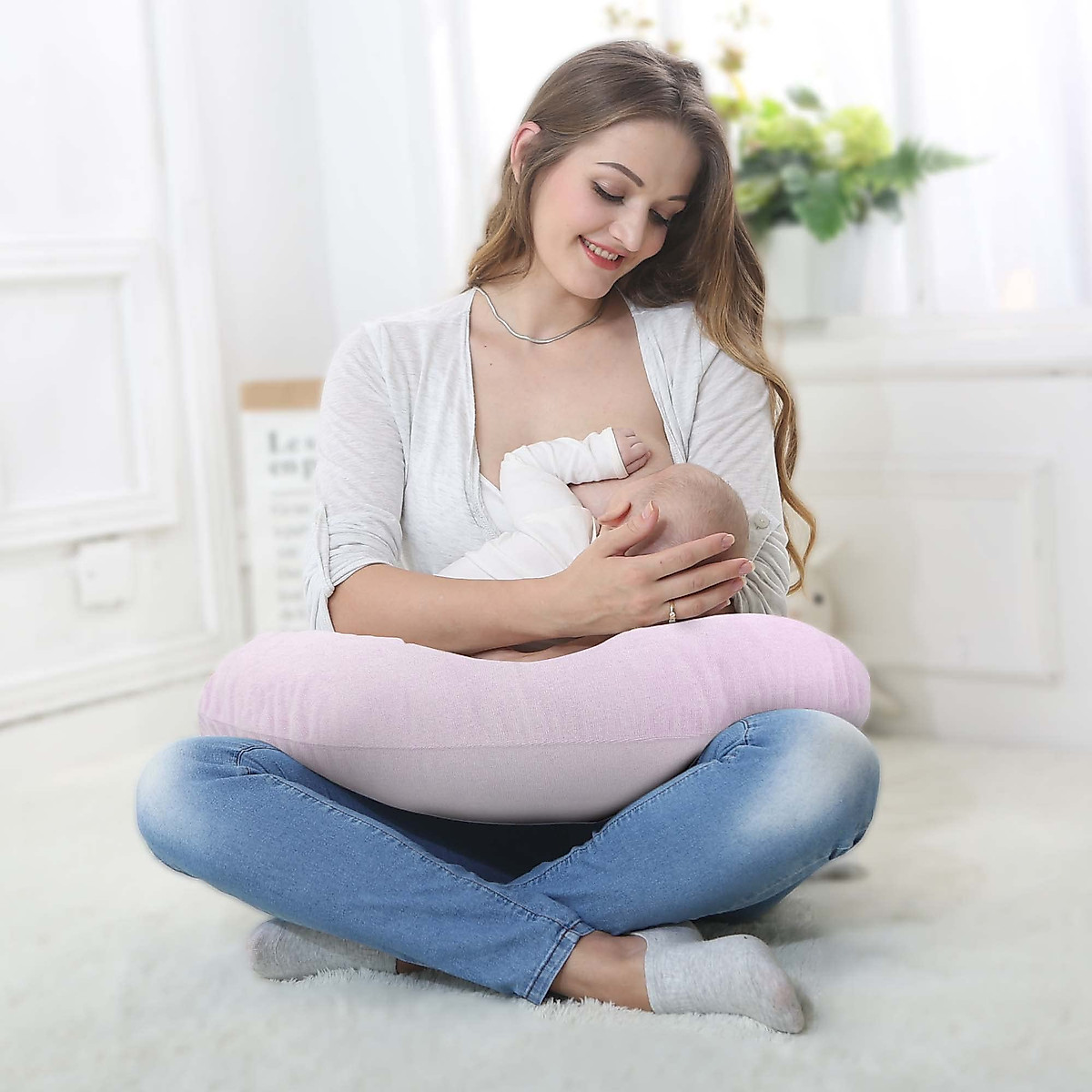 LAT Waterproof Nursing Pillow and Positioner, Breastfeeding Pillow for Mom,Newborn Infant Soft Cotton Feeding Cushion for Boys and Girls(Pink)