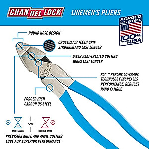 Channellock 369 9.5-Inch Lineman's Pliers | Xtreme Leverage Technology (XLT) Requires Less Force to Cut than Other High-Leverage Models | Forged from High Carbon Steel | Made in the USA, Blue Handle