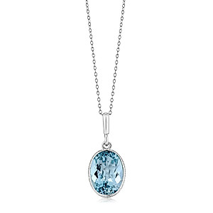 Gem Stone King 925 Sterling Silver Blue Topaz Pendant Necklace For Women | 7.00 Cttw | Gemstone Birthstone | 14X10MM Oval Shape | With 18 Inch Silver Chain