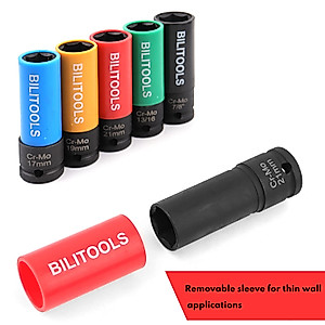 BILITOOLS 1/2 inch Drive Impact Lug Nut Socket Set, Metric 17-19 - 21 mm & SAE 13/16-7/8 inch Non-Marring Thin Wall Wheel Nut Socket