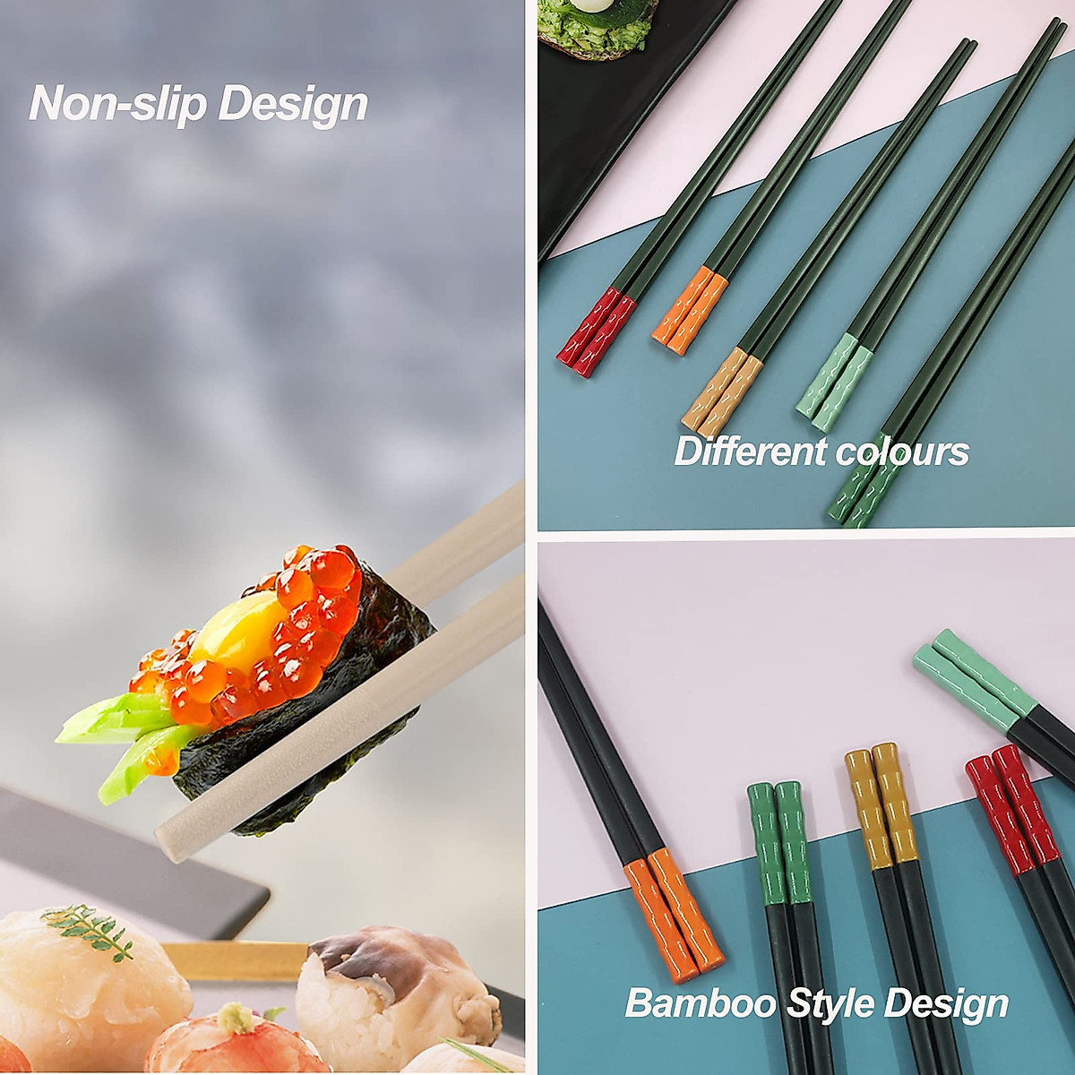 5 Pairs Fiberglass Chopsticks, Slivek Reusable Premium Japanese Chinese Korean Chopsticks Dishwasher Safe, Non-slip, Lightweight, 9.84 inches - Black