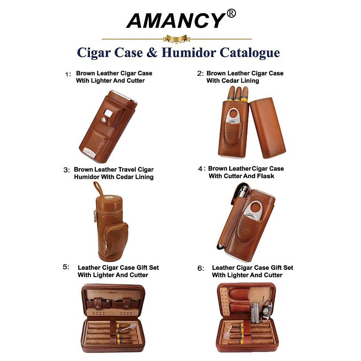 AMANCY Premium Brown Leather Travel Cigar Case,Luxury Portable Cigar Humidor W/Quality Cigar Cutter Lighter Set