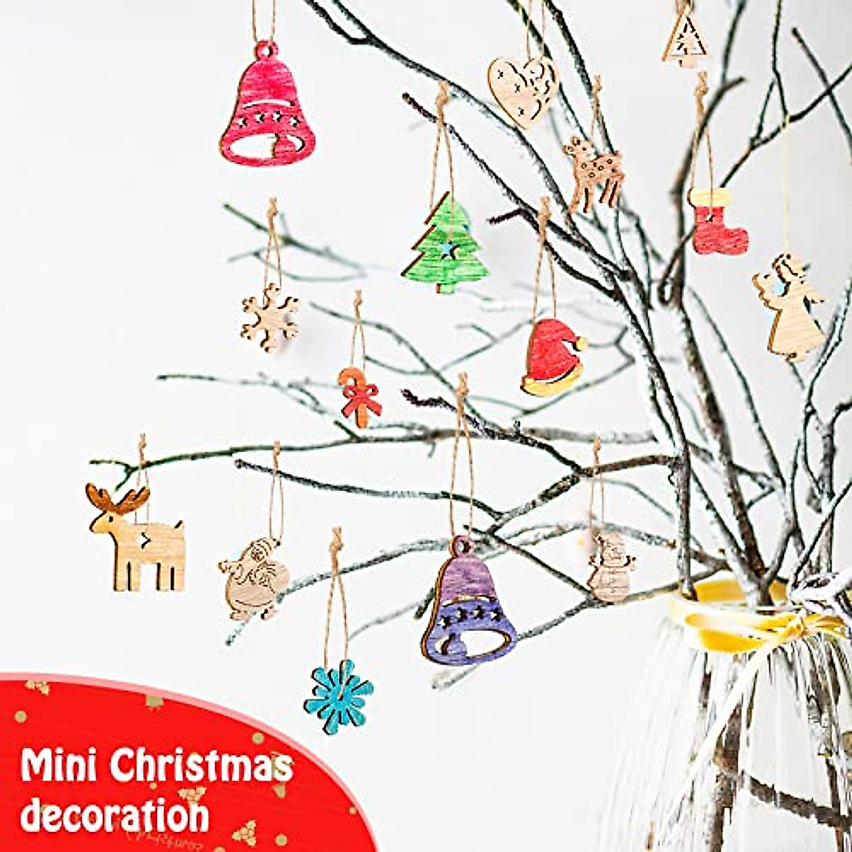 200 Pieces Christmas Unfinished Mini Wooden Ornaments Halloween Thanksgiving DIY Mini Wood Blank Cutouts with Storage Box and Twine for Christmas Tree Hanging Crafts Xmas Decorations
