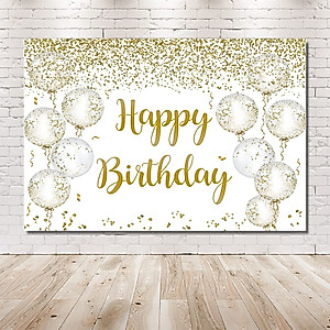 MEHOFOND 10x7ft White Gold Balloons Birthday Party Backdrop Confetti Balloons Gold Glitter Spots Girl Princess Bday Background Decoration Supplies Photo Booth Props