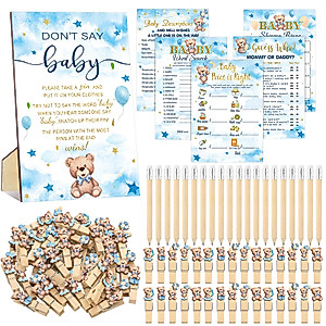 Patelai 321 Pcs Baby Shower Games Supplies, 5 Sets (50 Cards Each) Activities Cards with 20 Pencils 1 Don't Say Baby Sign 50 Clothespin(Blue Bear)