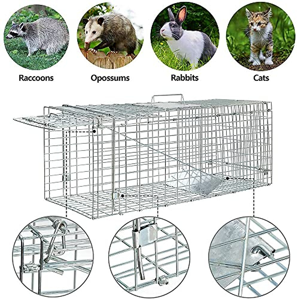 Live Animal Trap Cage Humane Cat Trap Rabbit Trap Humane Mouse Trap Live Traps for Raccoons Small Animal Trap Squirrel Traps Outdoor Groundhog Trap, 24'' Steel Humane Release Rodent Cage